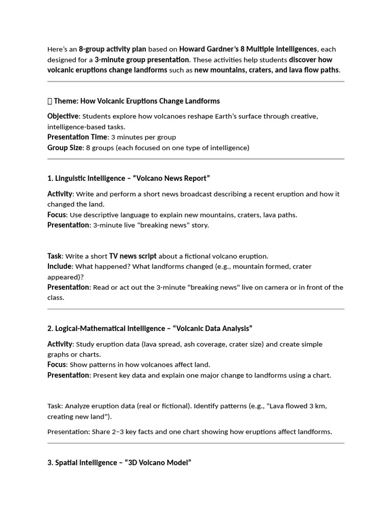 Multiple Intelligences Differentiated Activities | PDF | Volcano ...