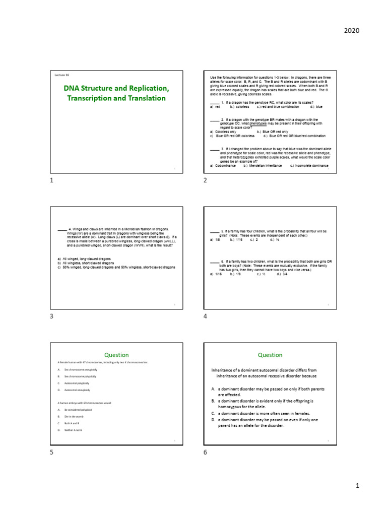 Biol 100 F'20 Lecture 16 (Canvas) 6 Slides Per | PDF | Dna | Dominance ...