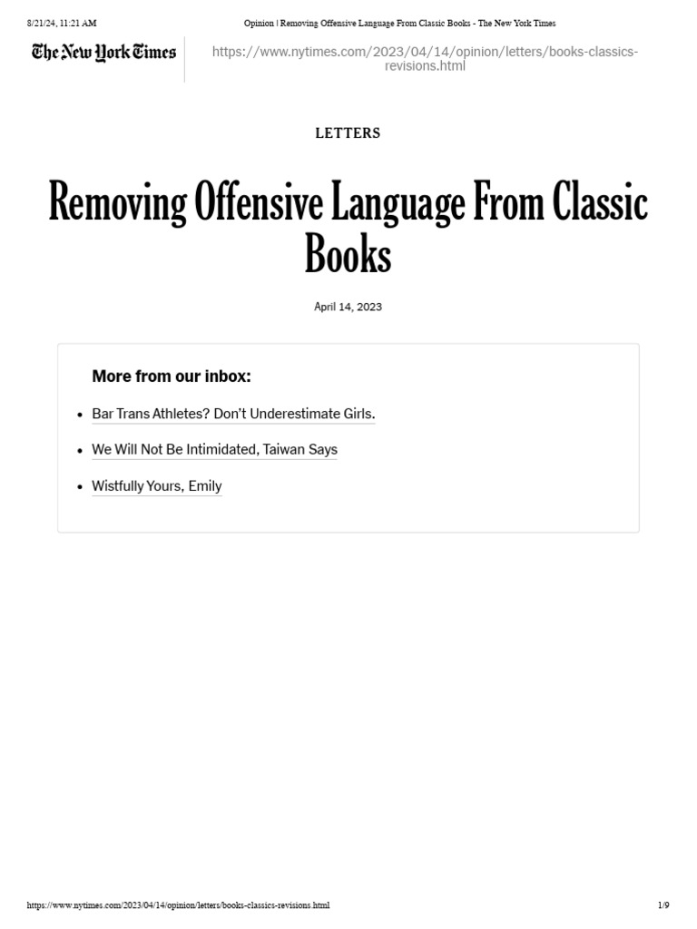 Opinion _ Removing Offensive Language From Classic Books - The New York ...