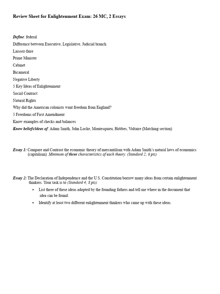 Review Sheet For Enlightenment Exam | PDF