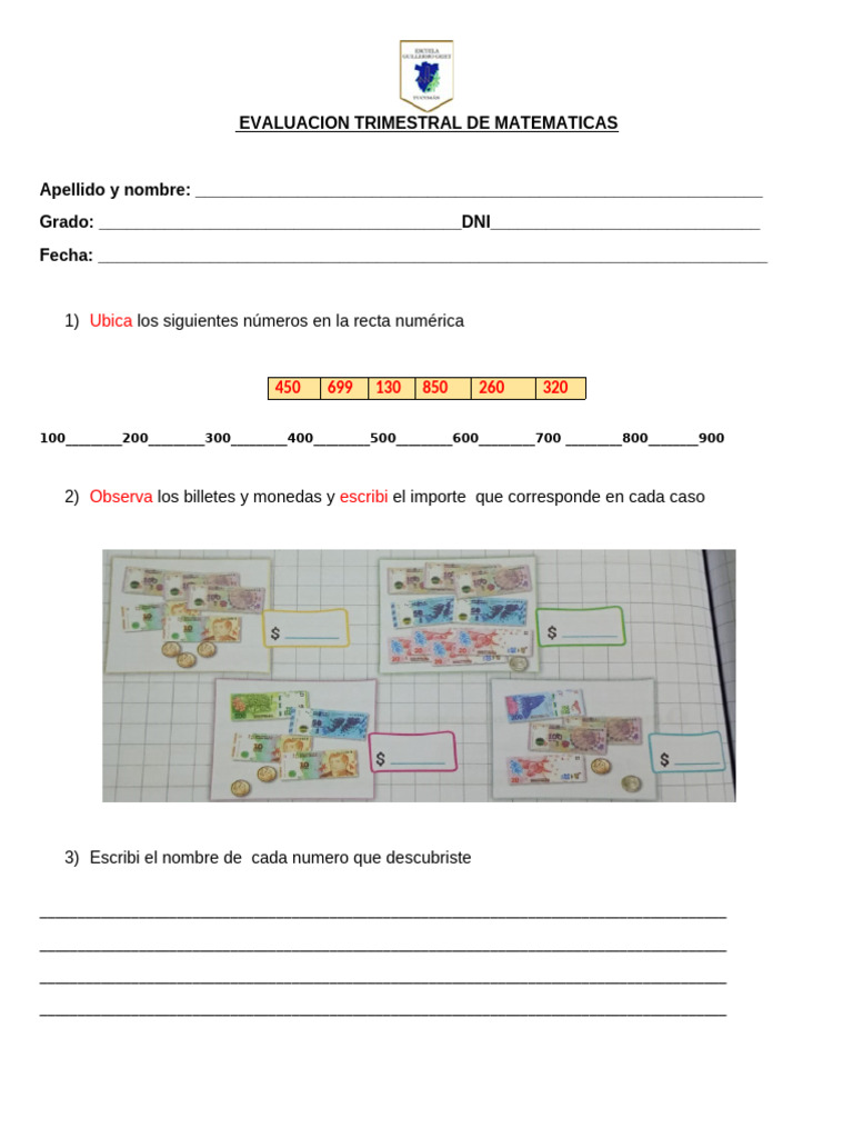 Prueba Trimestral de Matematicas | PDF