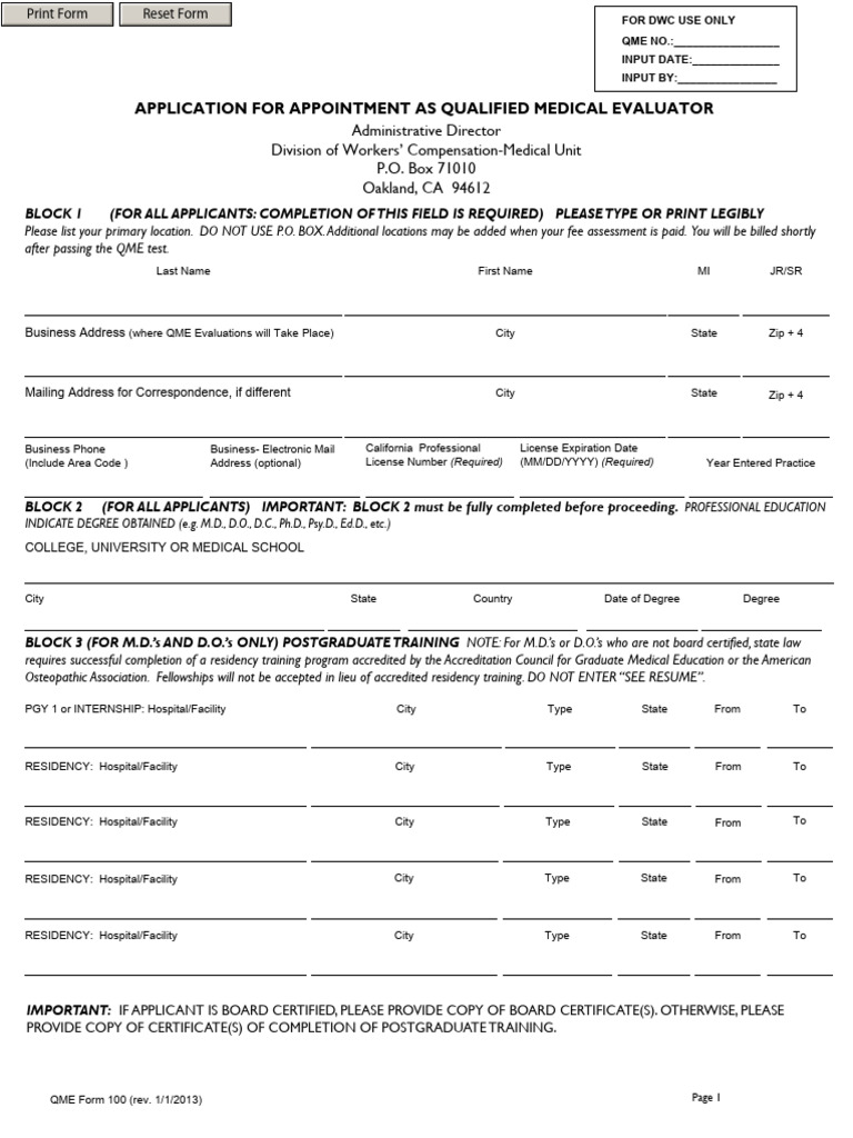 WC QME Application Form100 | PDF | Residency (Medicine) | Health Care