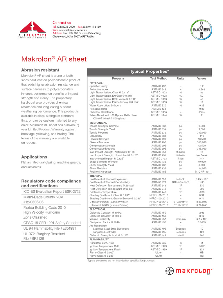 Polycarbonate AR Data Sheet | PDF | Strength Of Materials | Mechanical ...