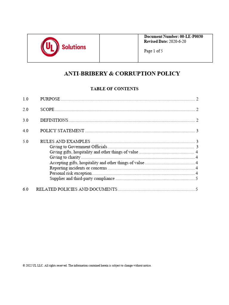 Anti-Bribery and Corruption Policy - 0 | PDF | Bribery | Political ...