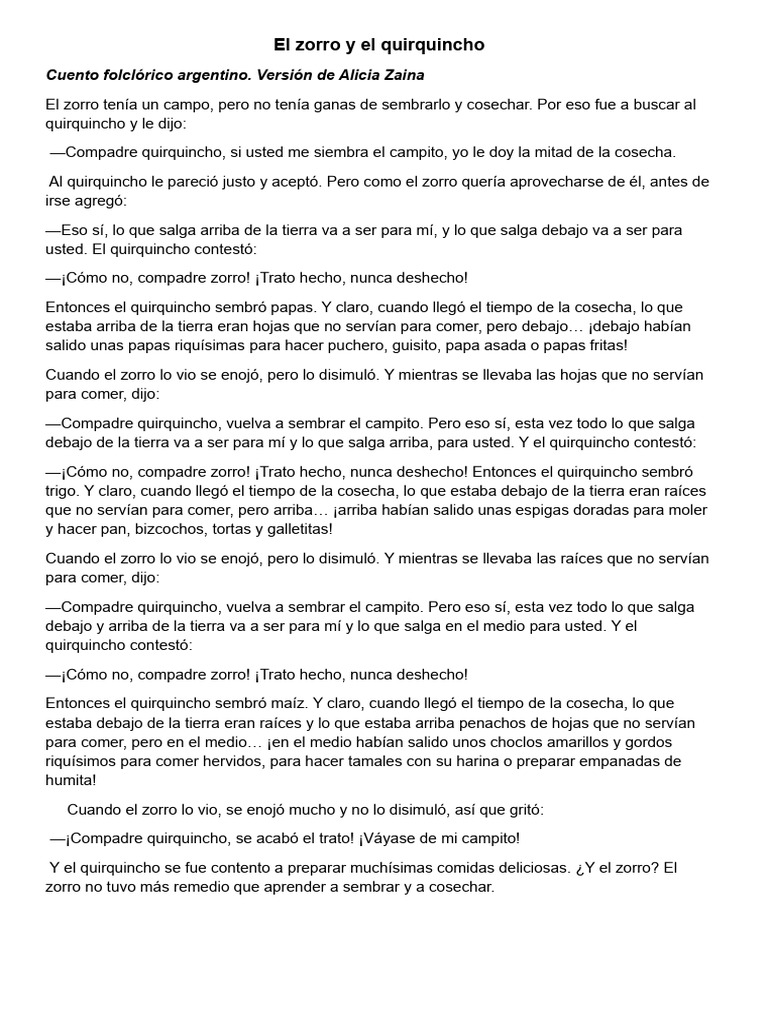El zorro y el quirquincho: cuento folclórico | PDF | Cocina | Comida y ...