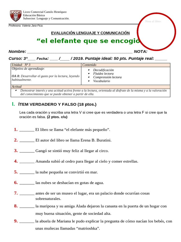 Evaluación de Lectura: El Elefante | PDF | Aprendizaje