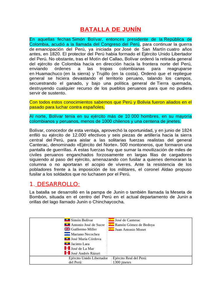 Batalla de Junín para Niños | PDF | Perú | América del Sur