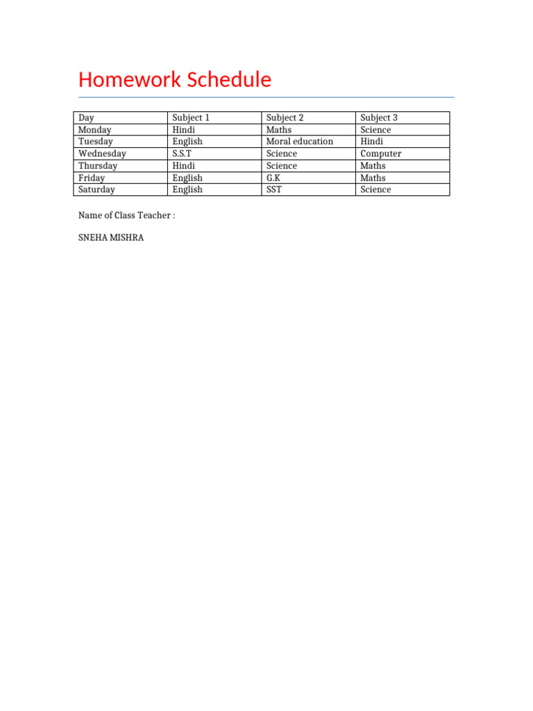 Homework Schedule | PDF