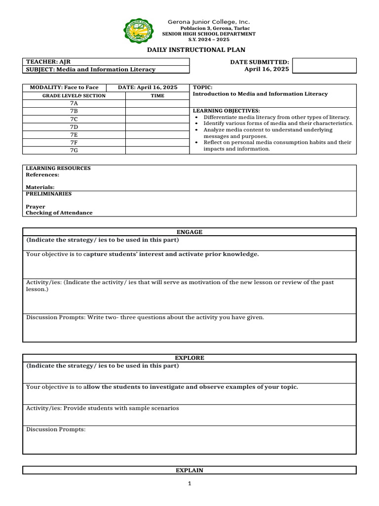 Final DAILY INSTRUCTIONAL PLAN TEMPLATE | PDF | Learning | Information ...