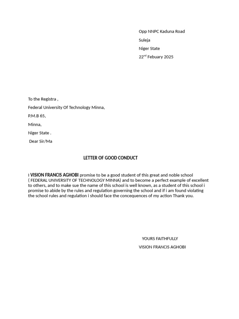 Letter of Good Conduct to the School | PDF