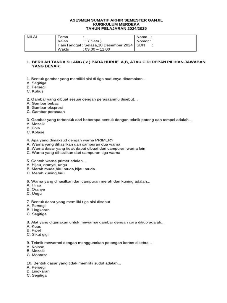 Soal Seni Rupa Kelas 1 Semester 1 24 | PDF