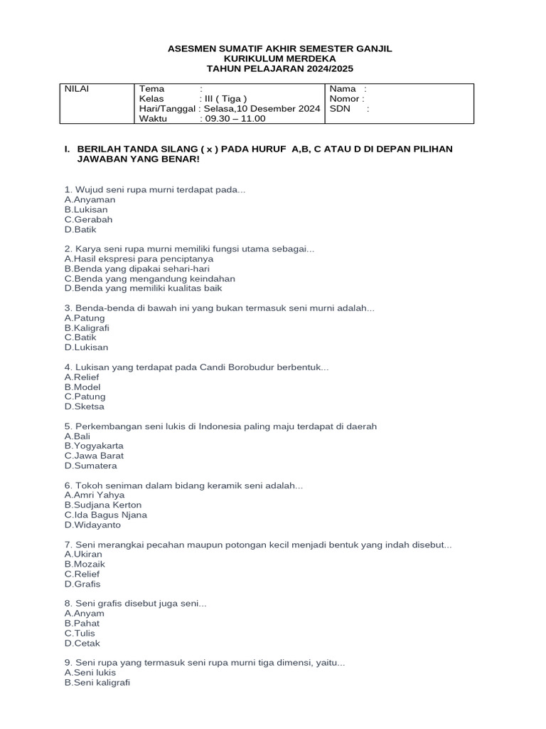 SOAL SENI RUPA KELAS 3 SEMESTER 24 | PDF