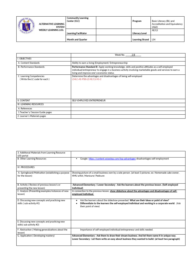 LS4-2.b Advantages-Disadvantages | PDF | Learning | Entrepreneurship