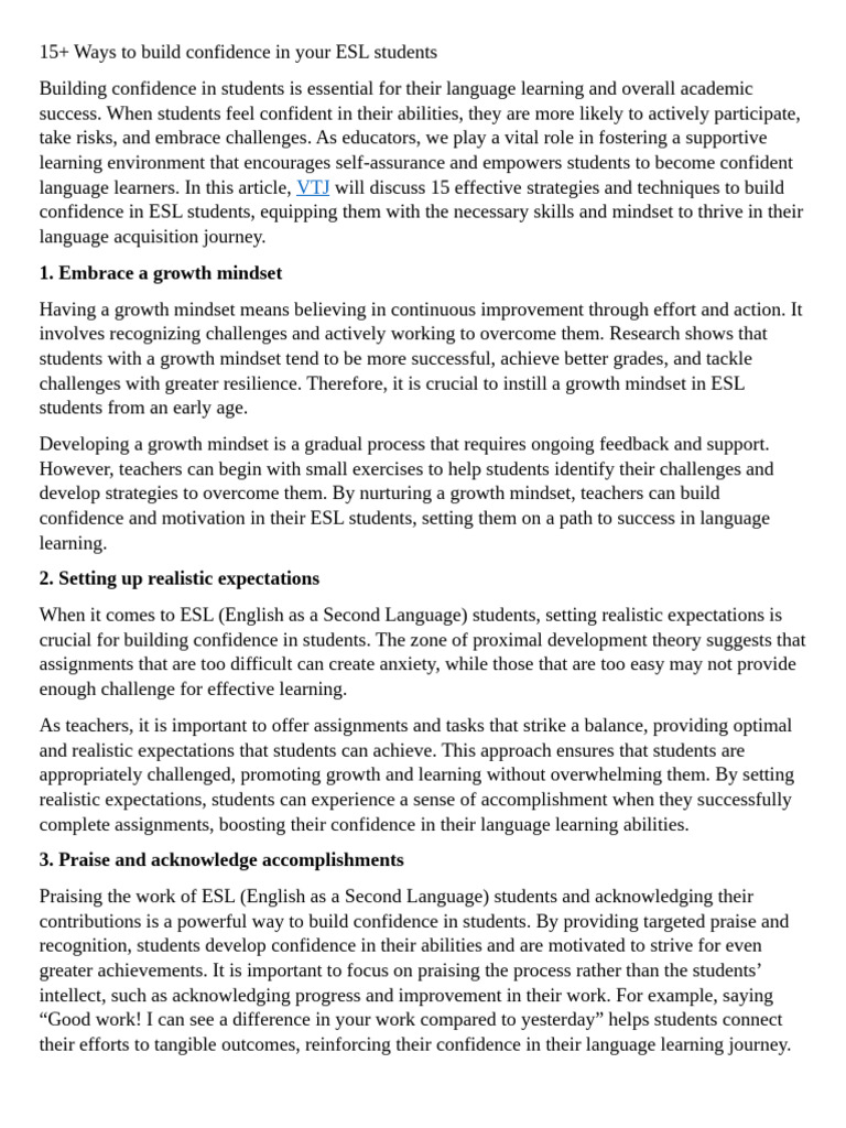 Boost ESL Student Confidence: 15 Strategies | PDF | Mindset | Learning