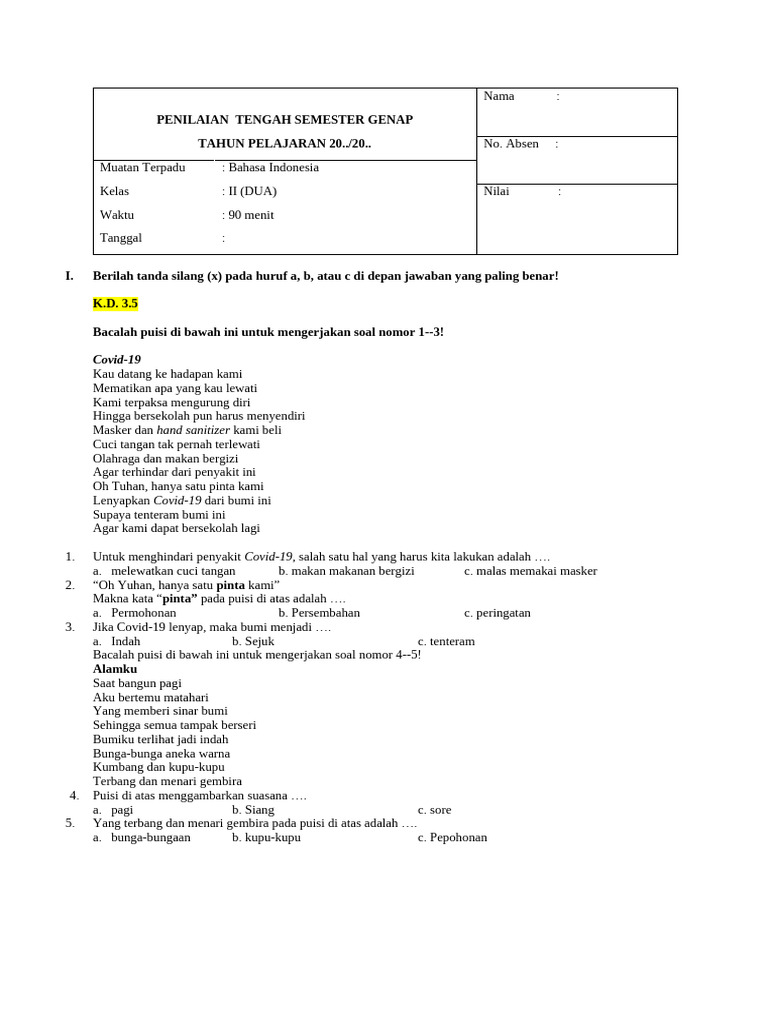 Soal PTS 2 Bahasa Indonesia Kelas 2 K13 | PDF