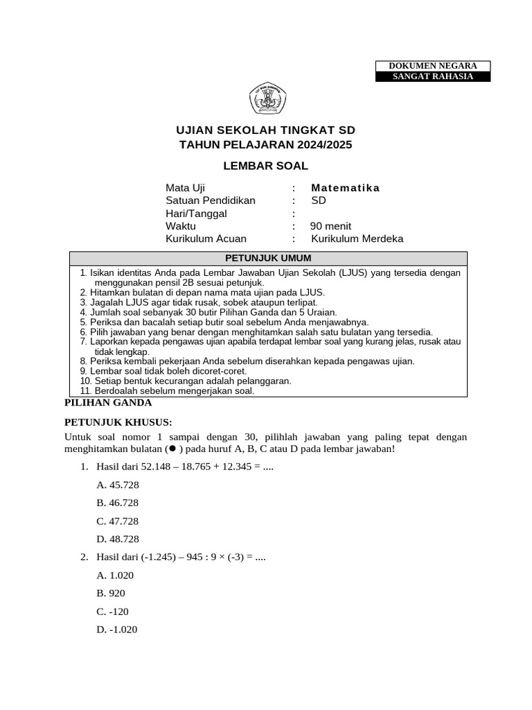Us MTK Kelas 6 | PDF