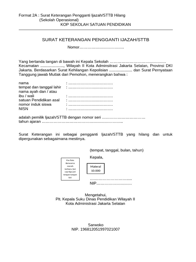 FORM 2A-SKPI-STTB Hilang (Sekolah Operasional) | PDF