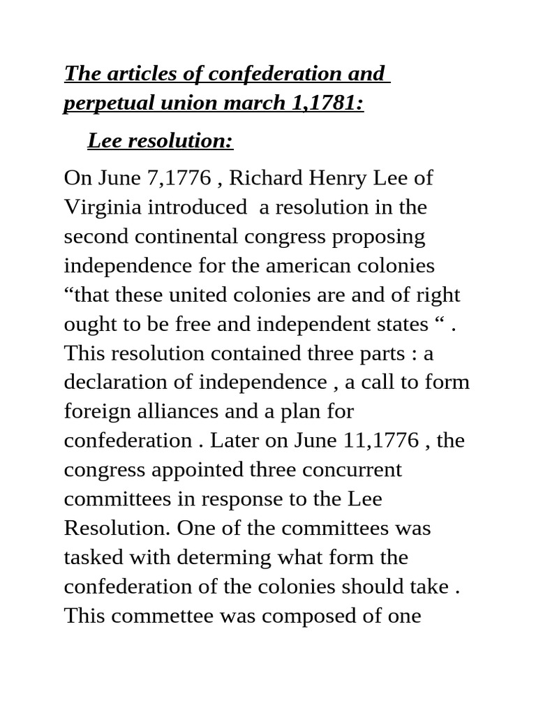 The Articles of Confederation and Perpetual Union March 1 Aya | PDF