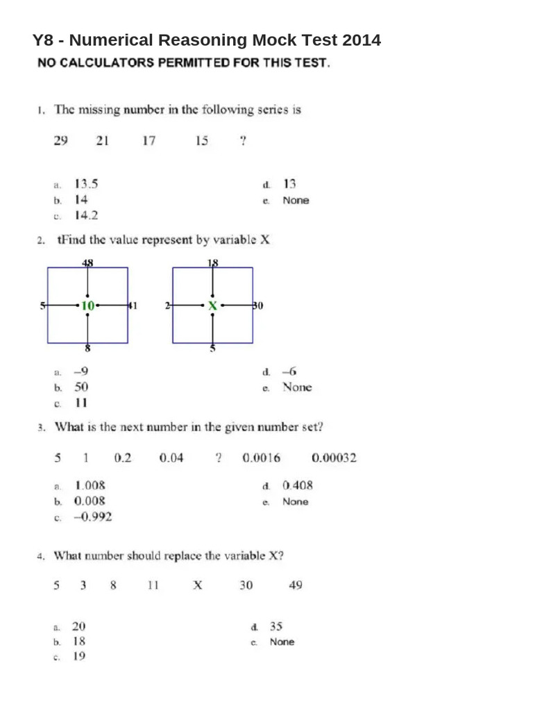 Y8 - Numerical Reasoning Mock Test 2014 With Answers | PDF