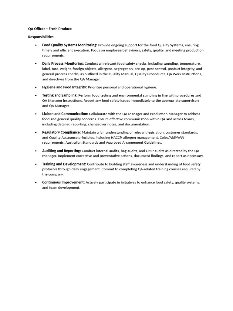 QA Officer Role in Fresh Produce Quality | PDF