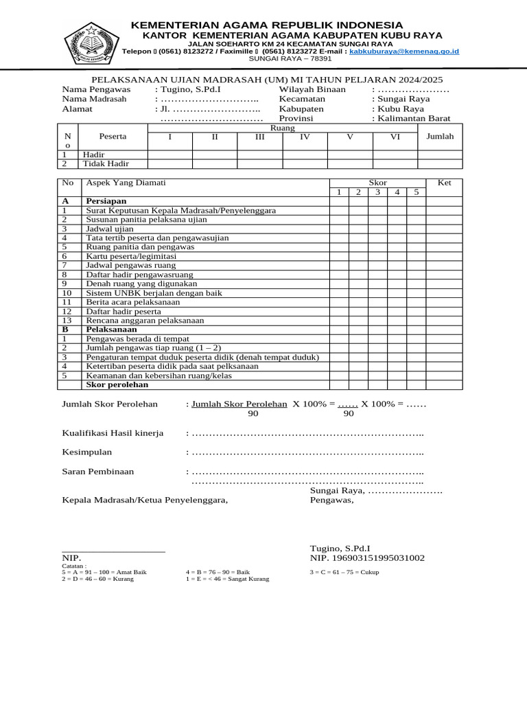 INSTRUMEN MONITORING UJIAN MADRASAH | PDF