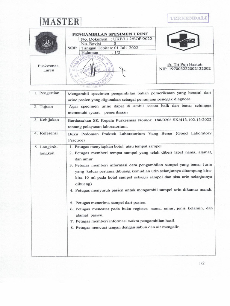 Sop Pengambilan Spesimen Urine | PDF