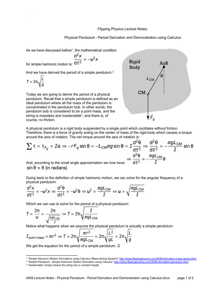 0459 Lecture Notes - Physical Pendulum - Period Derivation and ...