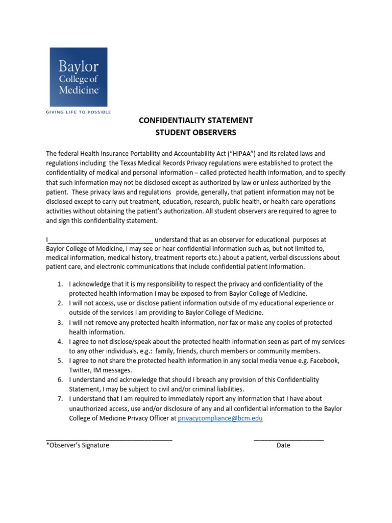 Confidentiality Agreements For Observers | PDF | Medical Record ...