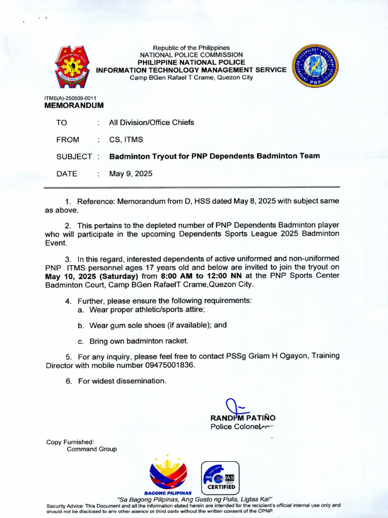 PNP Dependents Badminton Tryout Notice | PDF