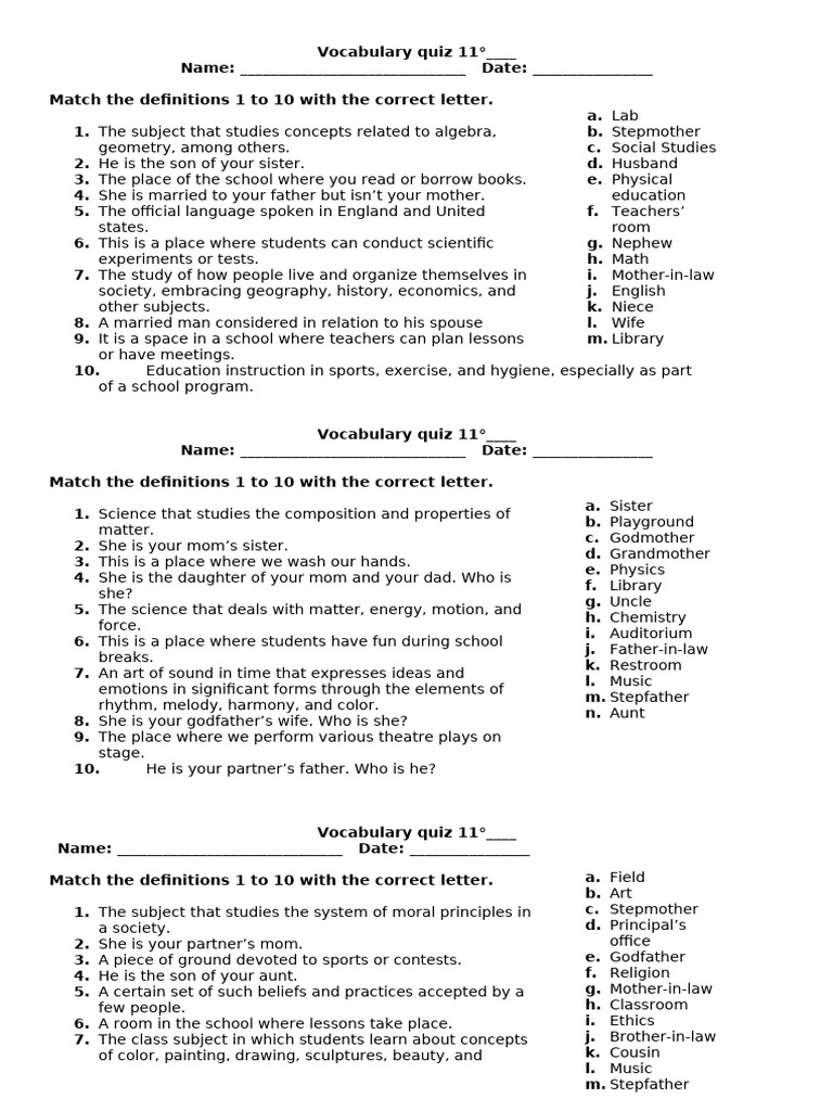 Vocabulary Quiz for 11th Grade Students | PDF | Liberal Arts Education