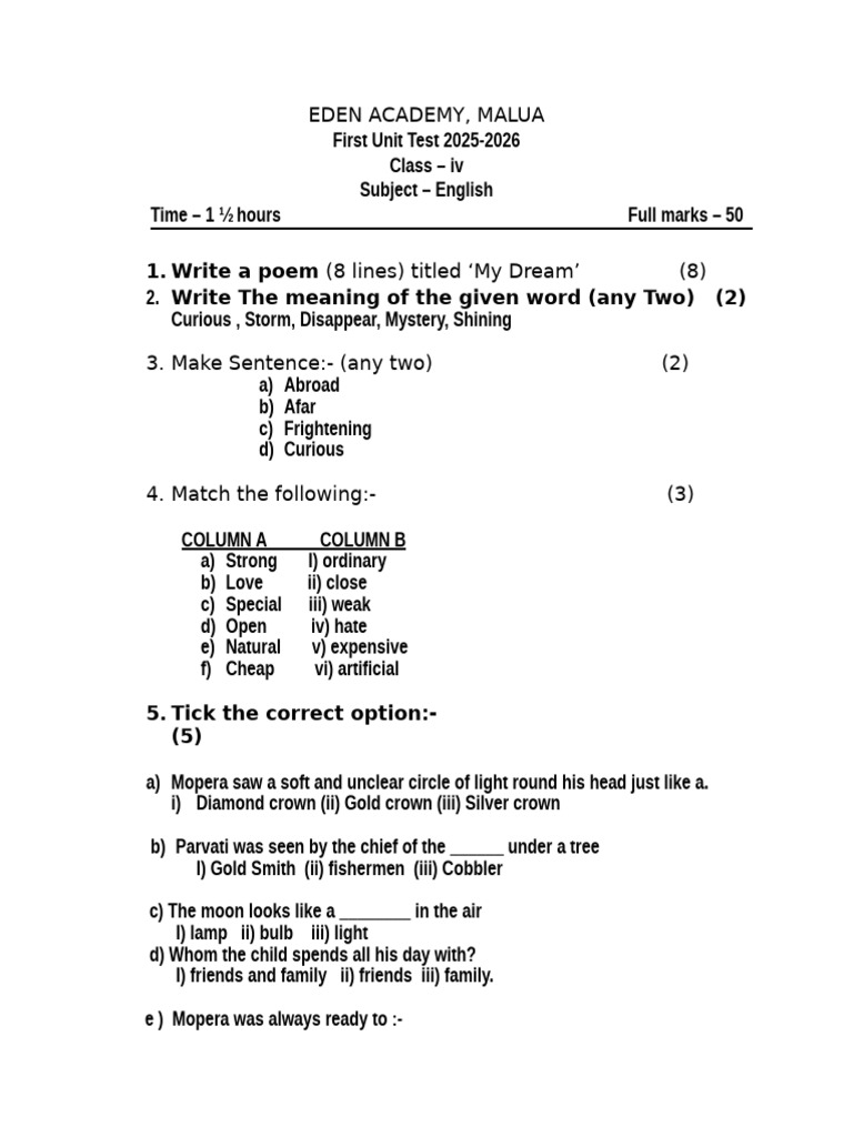 Class 4 English | PDF