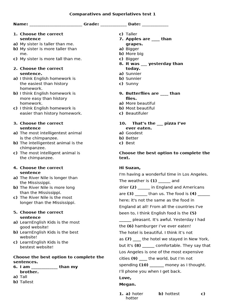 9° Quiz About Comparatives and Superlatives 1 | PDF