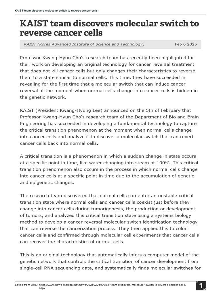 KAIST Team Discovers Molecular Switch To Reverse Cancer Cells | PDF | Cancer | Life Sciences