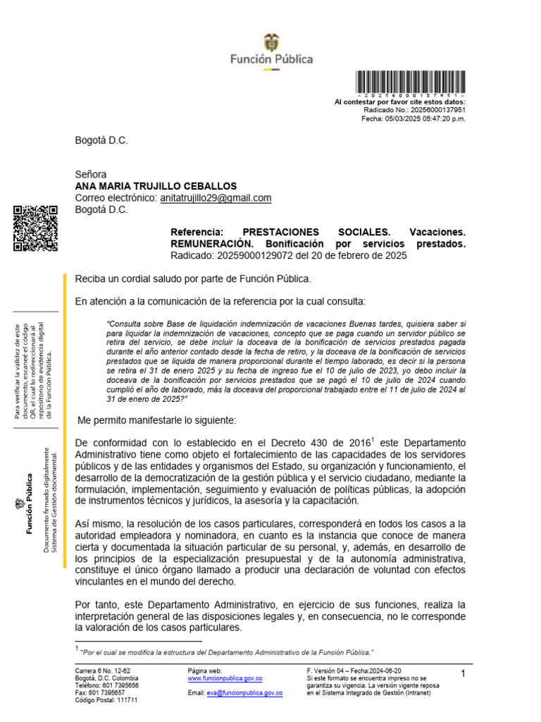 Ana Maria Trujillo Ceballos: Radicado No.: 20256000137951 Fecha: 05/03 ...