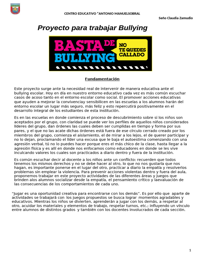 Proyecto para Trabajar Bullying en 5to 6to - 240731 - 162340 | PDF ...