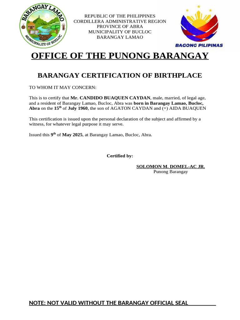 Barangay Birthplace Certification Sample | PDF