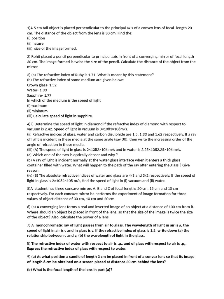 Class 10 Numericals Light Only Question | PDF | Refractive Index ...