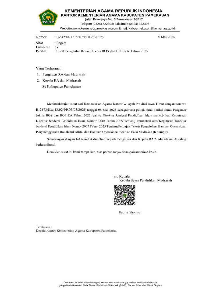Surat - Pengantar Perubahan Juknis BOP RA-BOS TA 2025 Final | PDF