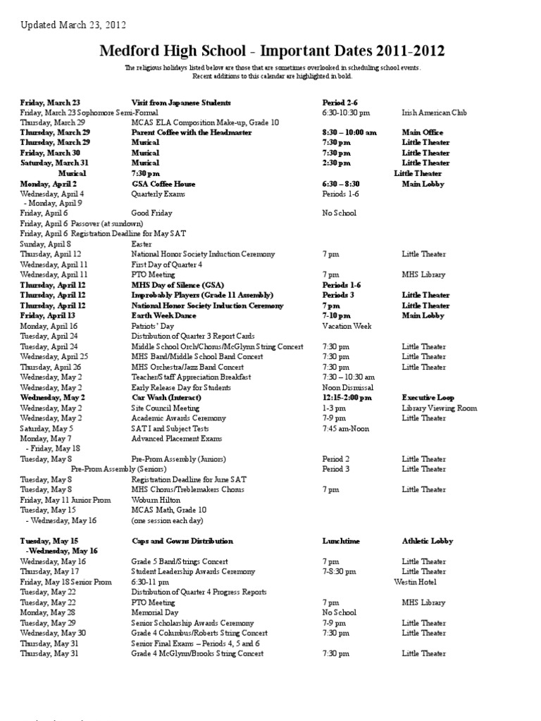 MHS Calendar Updated March 22, 2012 | PDF | Prom | Sat