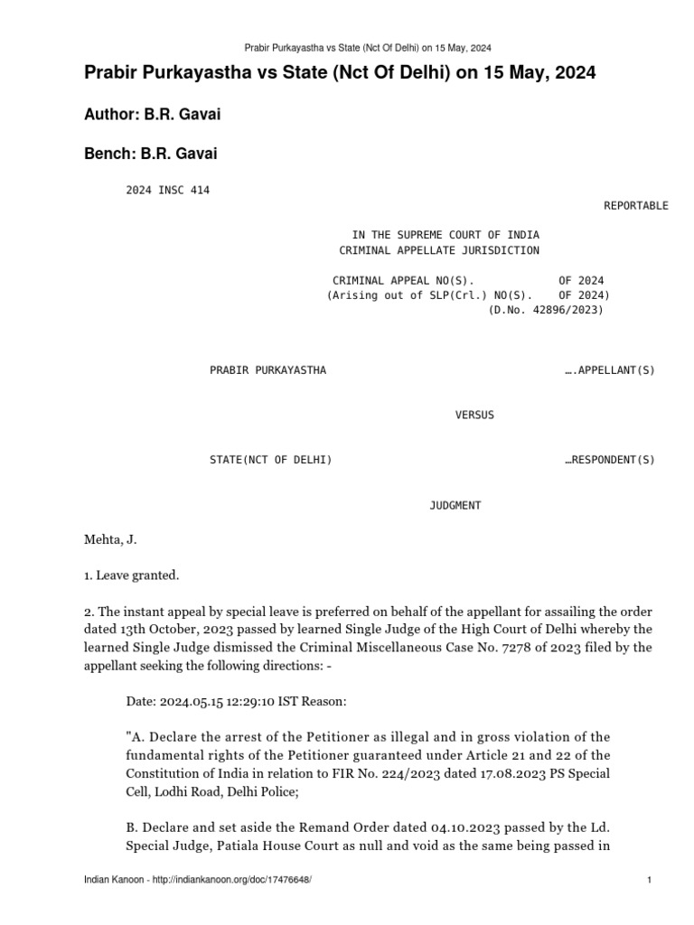 Prabir_Purkayastha_vs_State_Nct_Of_Delhi_on_15_May_2024 | PDF | Bail | Arrest