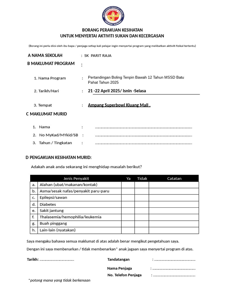 Borang Kesihatan Sukan Pelajar 2025 | PDF