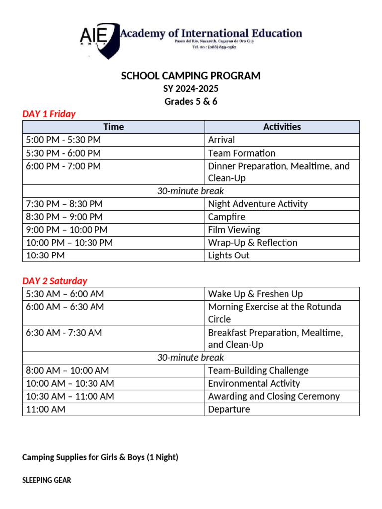 School Camping Program | PDF