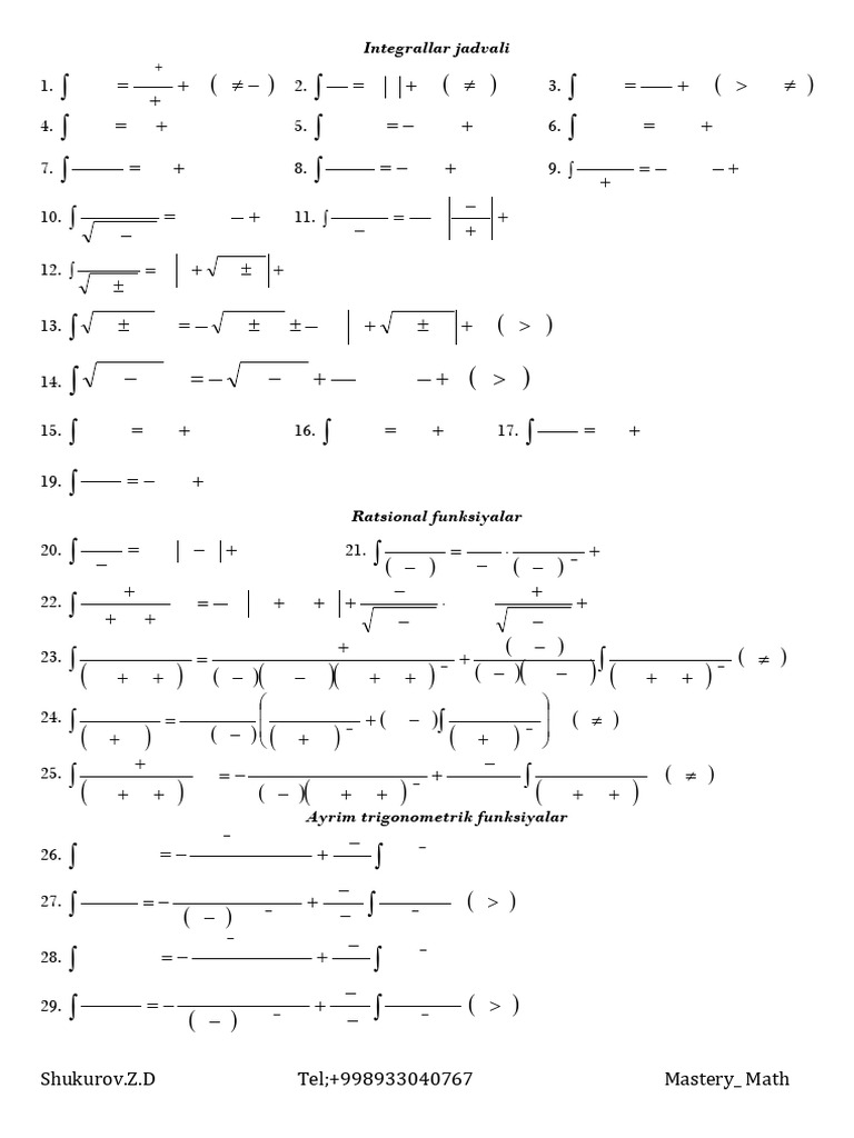 Integral Formulas and Tables | PDF