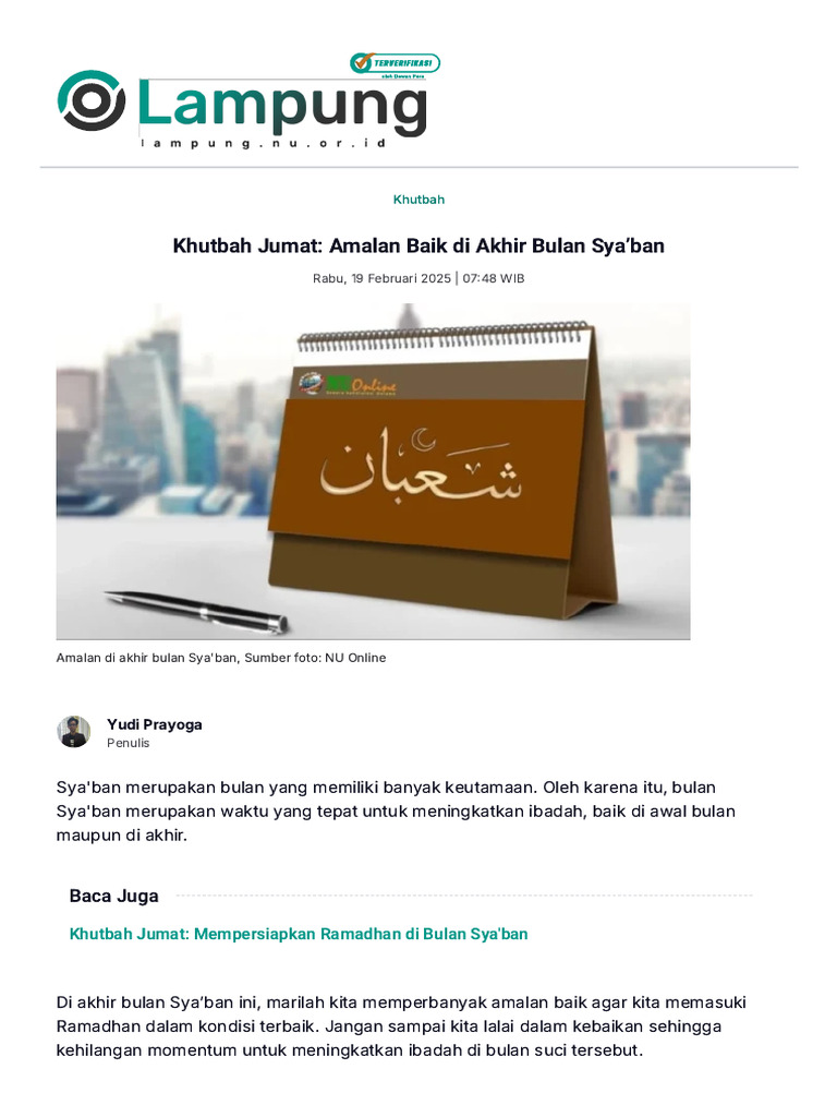 Khutbah Jumat - Amalan Baik Di Akhir Bulan Sya'ban | PDF
