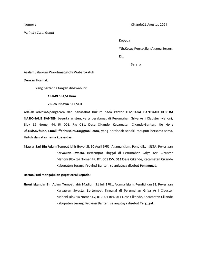 SURAT GUGAT CERAI | PDF