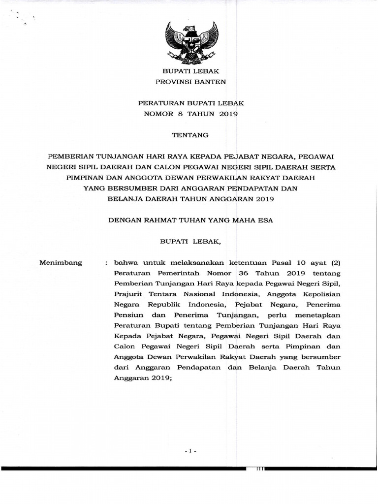 Peraturan Bupati Nomor 8 Tahun 2019 Tentang Pemberian THR Kepada Pejabat Negara, PNSD Dan CPNSD ...
