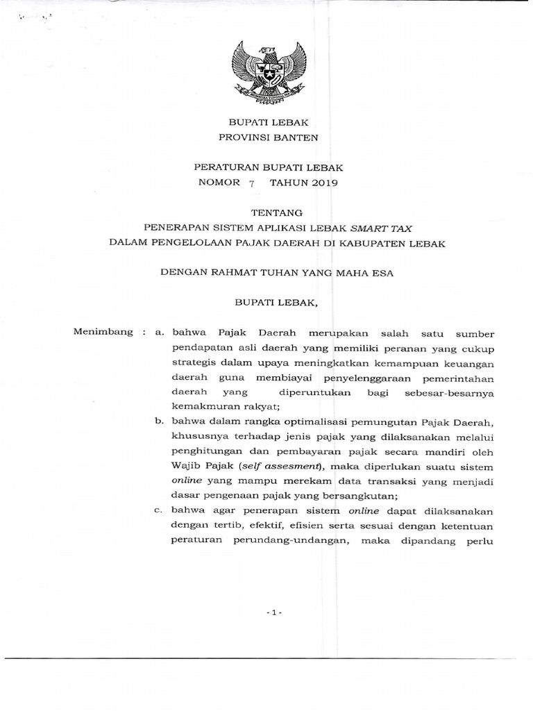 Peraturan Bupati Nomor 7 Tahun 2019 Tentang Penerapan Sistem Aplikasi ...