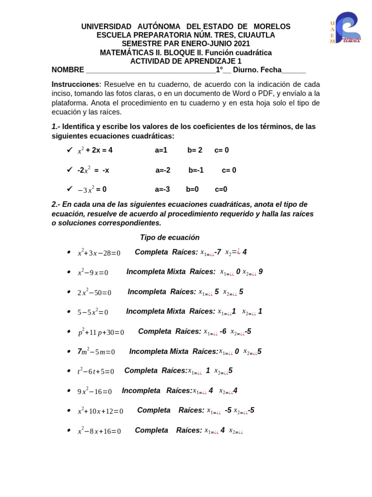 Santiago Vasquez Lezama - Actividad 1.bloque II. Función Cuadrática ...
