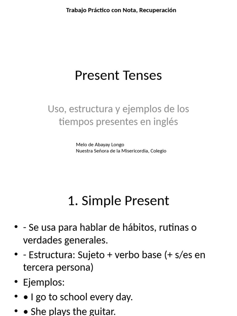 Present Tenses Trabajo Practico | PDF