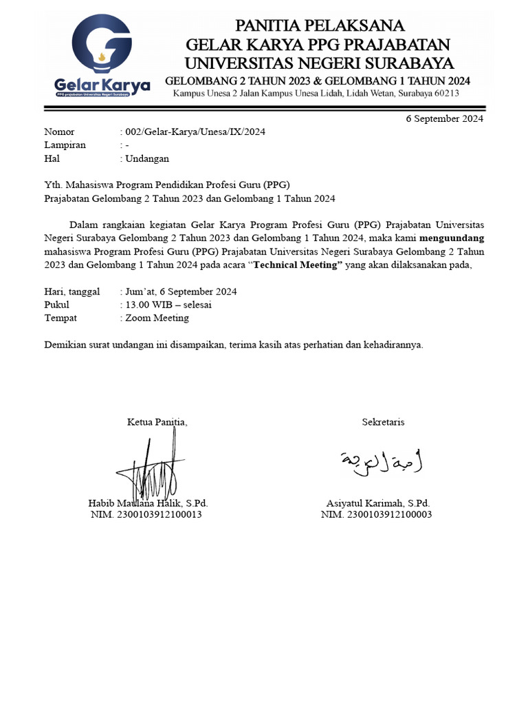 Surat Undangan TM Gelar Karya - 002Gelar-KaryaUnesaIX2024 | PDF